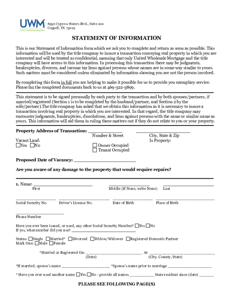 Fillable Online STATEMENT OF INFORMATION - myuwmloan.com Fax Email ...