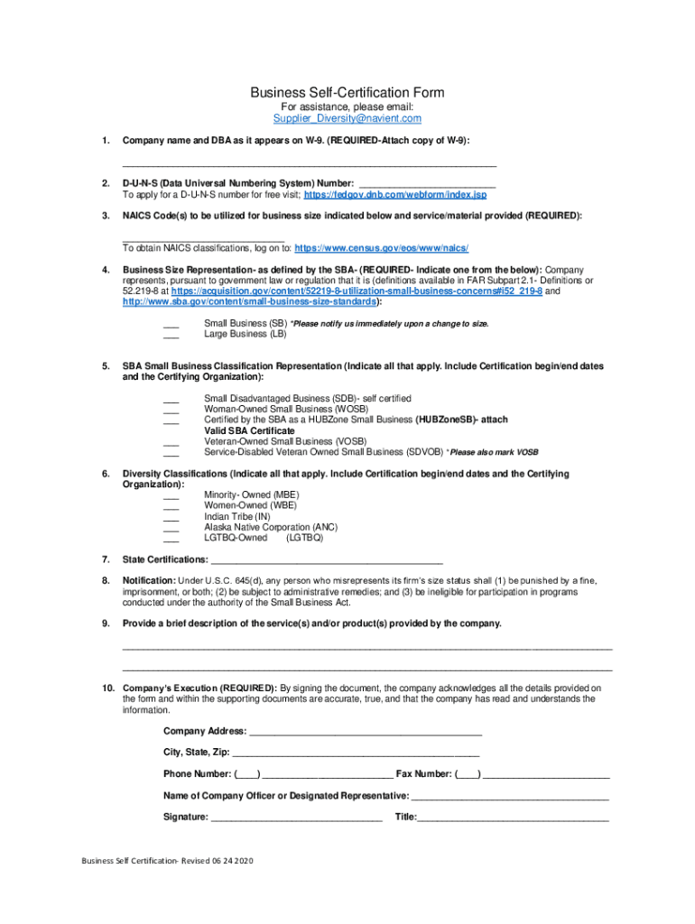 Fillable Online Business Self-Certification Form For assistance, please ...