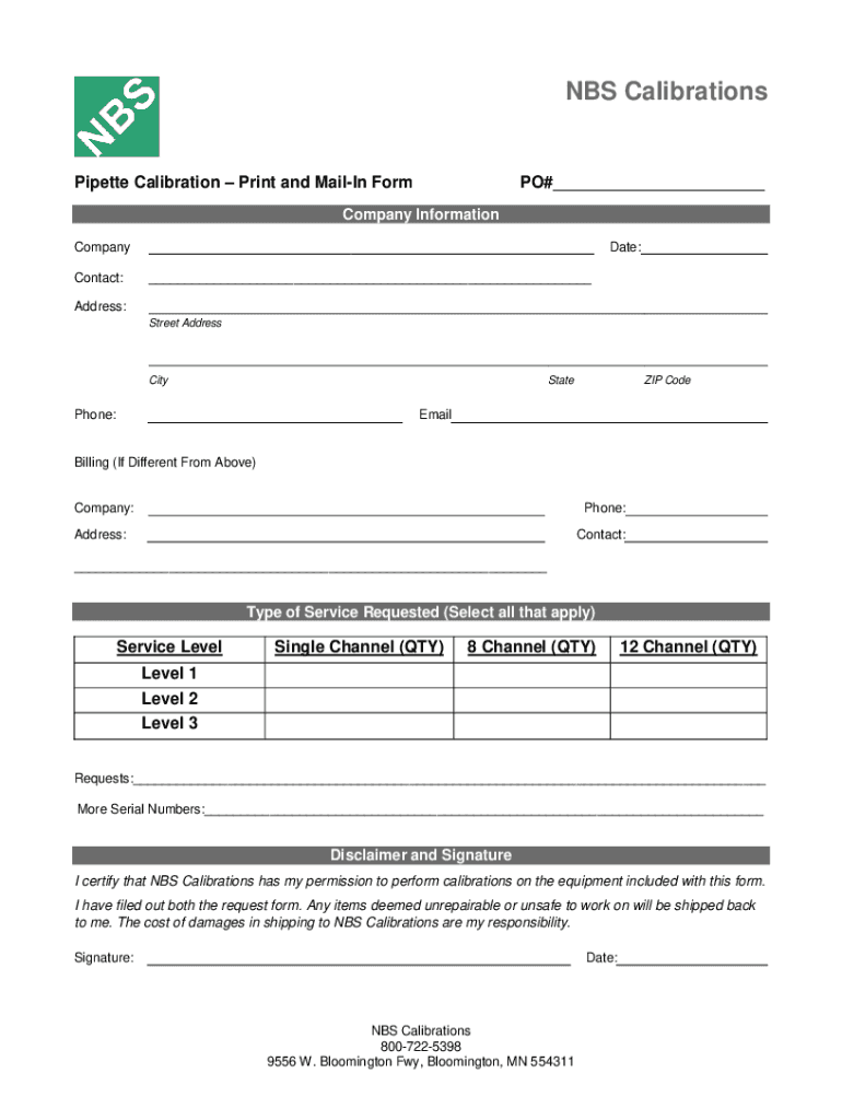 Fillable Online Print and Mail-In Form PO# - NBS Calibrations Fax Email ...