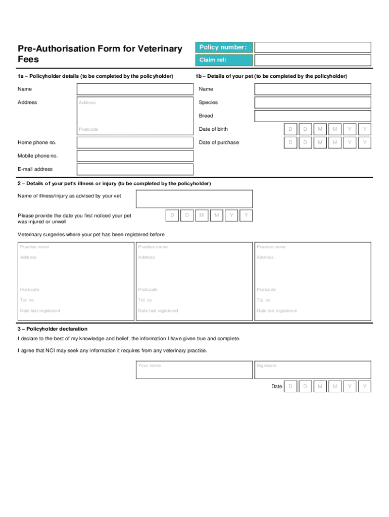 Fillable Online Pre-Authorisation Form for Veterinary Fax Email Print ...