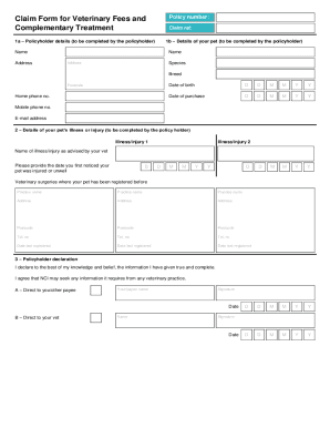 Fillable Online Claim Form for Veterinary Fees and Policy number ...