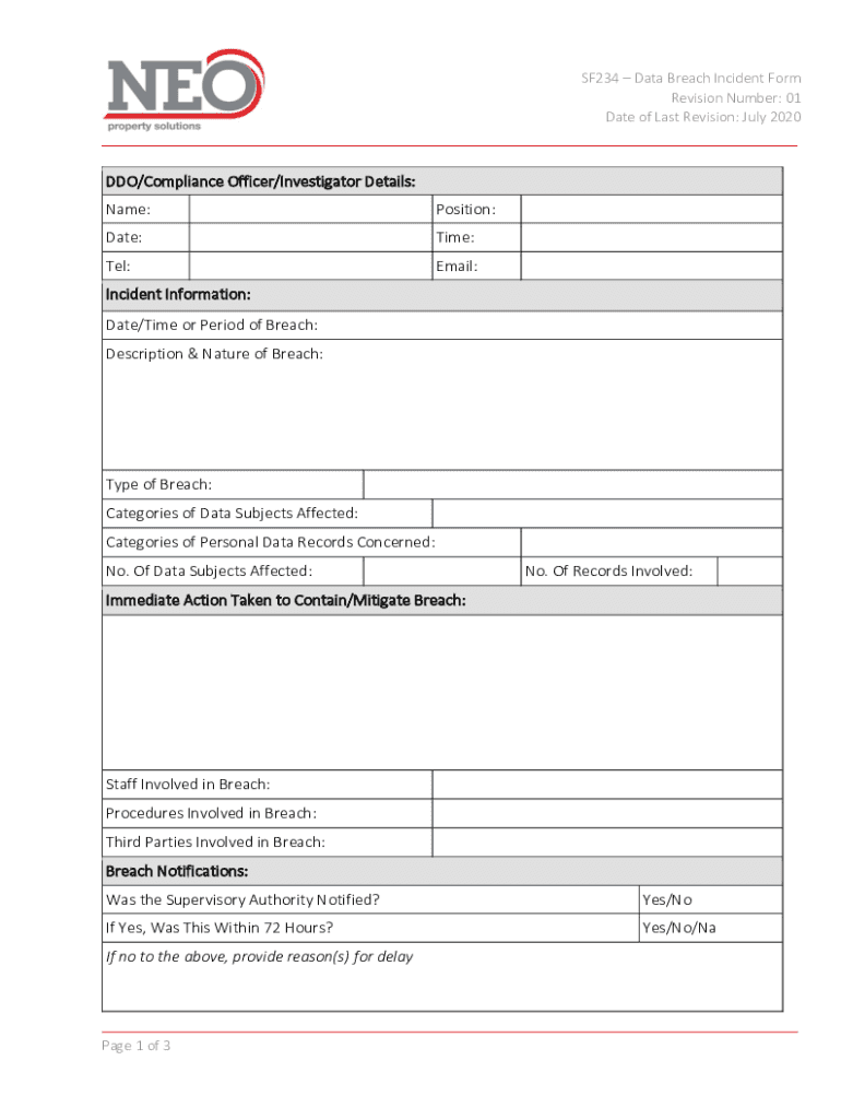 Fillable Online SF234 Data Breach Incident Form Revision Number: 01 ...