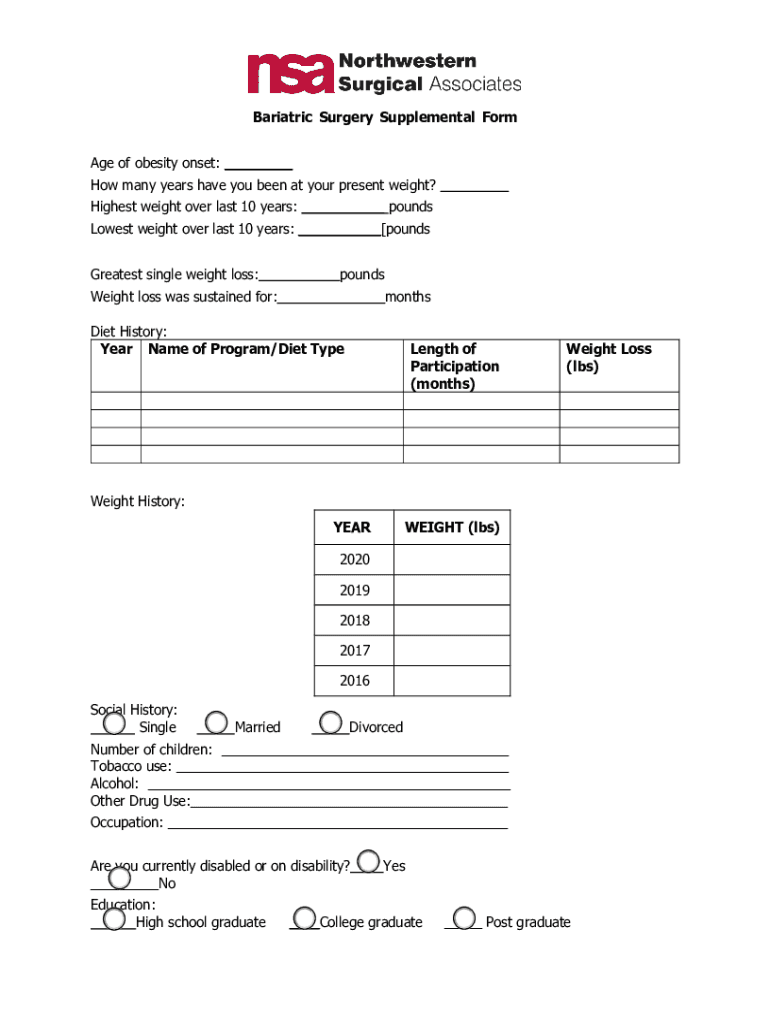 Fillable Online Bariatric Surgery Supplemental Form Fax Email Print ...