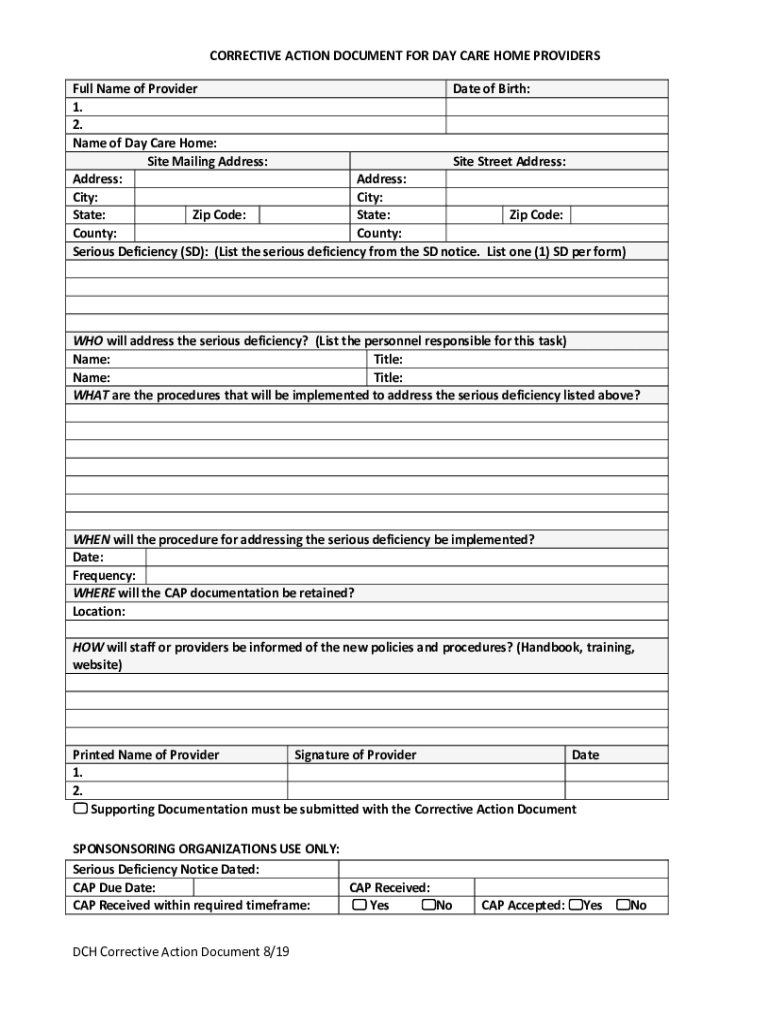 Fillable Online Fillable Online CORRECTIVE ACTION PLAN FOR DAY CARE ... Fax Email Print - pdfFiller