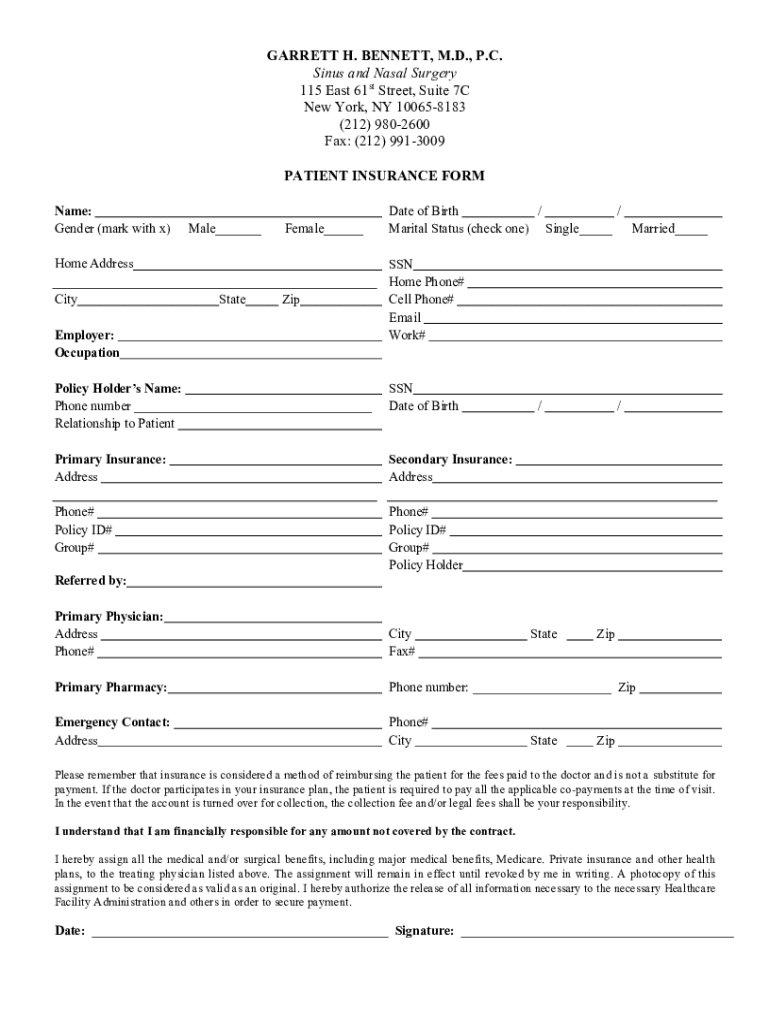 Fillable Online GARRETT H. BENNETT, M.D., P.C. Sinus and Nasal Surgery ...