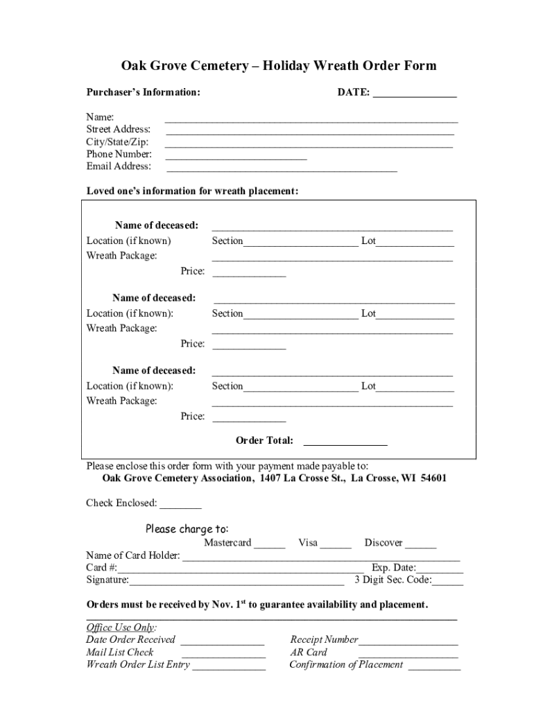 Fillable Online Oak Grove CemeteryHoliday Wreath Order Form Fax Email ...