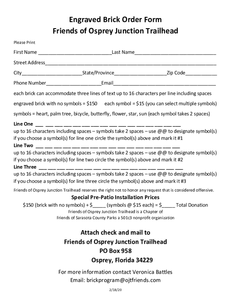 Fillable Online Engraved Brick Order Form Friends of Osprey Junction ...