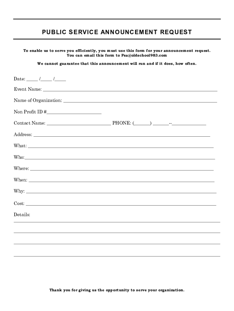 Fillable Online Old School PSA Request Form Fax Email Print - pdfFiller