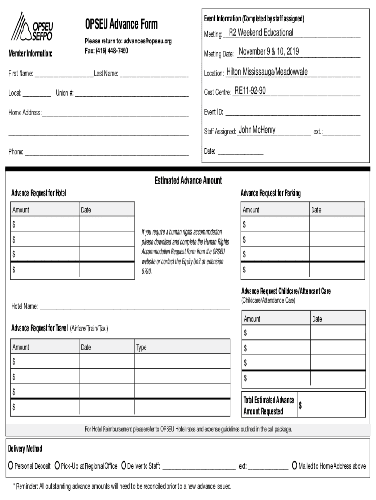 Fillable Online Fillable Online OPSEU Advance Form Event Information ...
