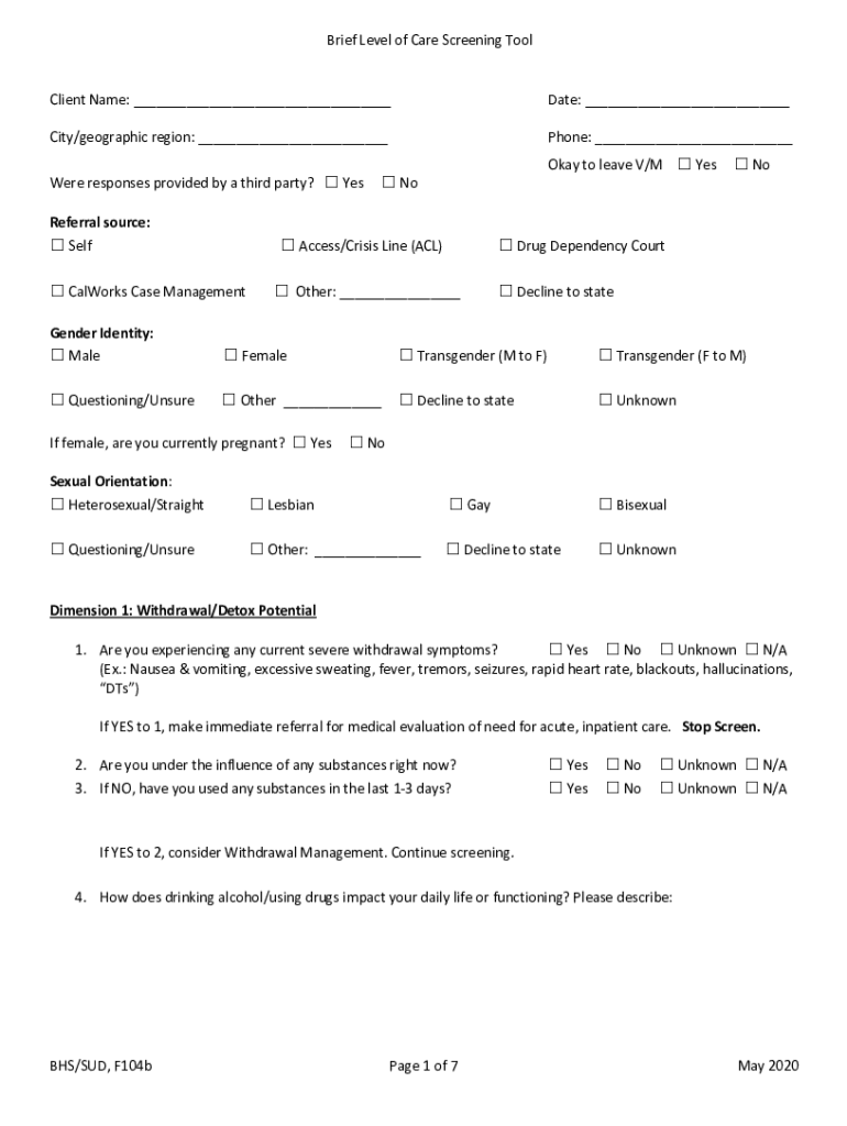 Fillable Online Brief Level of Care Screening Tool Brief ASAM Screening ...