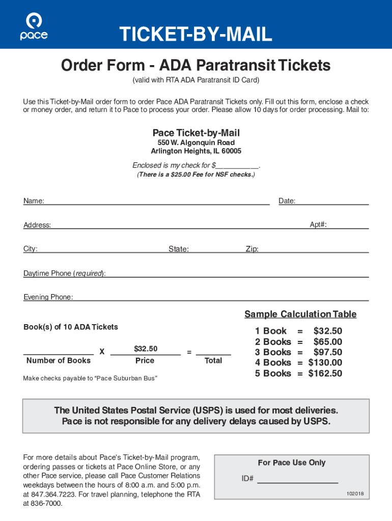 Fillable Online Buy ADA Paratransit TicketsPace Suburban BusBuy ADA ...