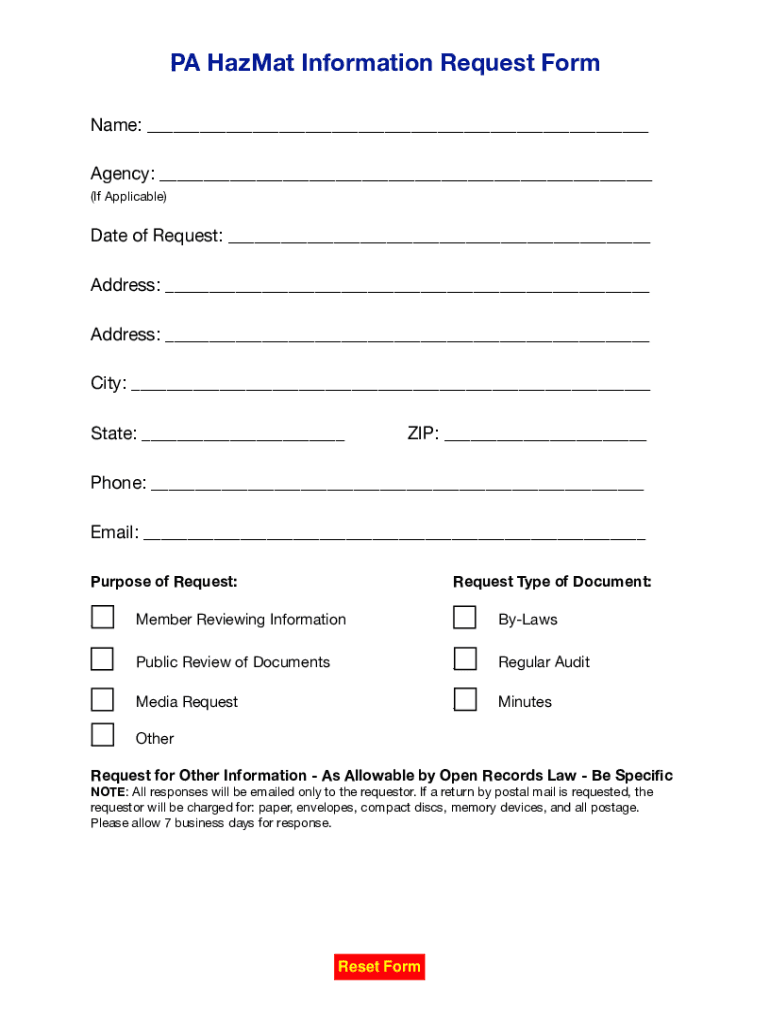 Fillable Online PA HazMat Information Request Form ORIG 3 Fax Email ...