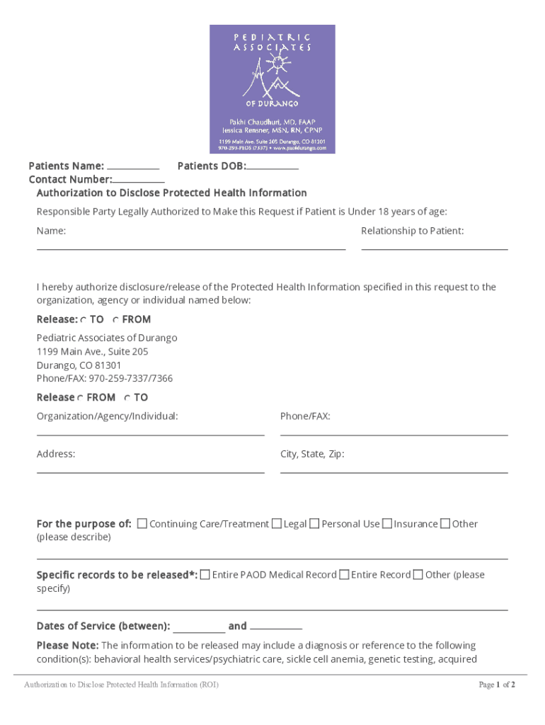 Fillable Online AUTHORIZATION FOR USE / DISCLOSURE OF PROTECTED HEALTH ...