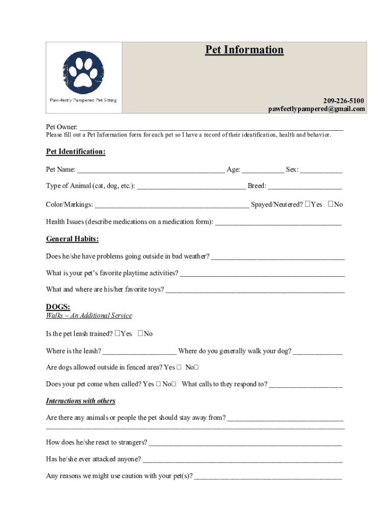 Fillable Online Please fill out a Pet Information form for each pet so ...