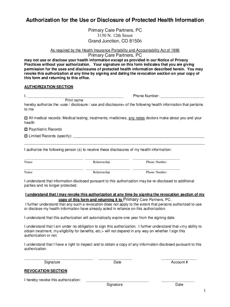 Fillable Online Authorization for the Use or ... - Primary Care ...