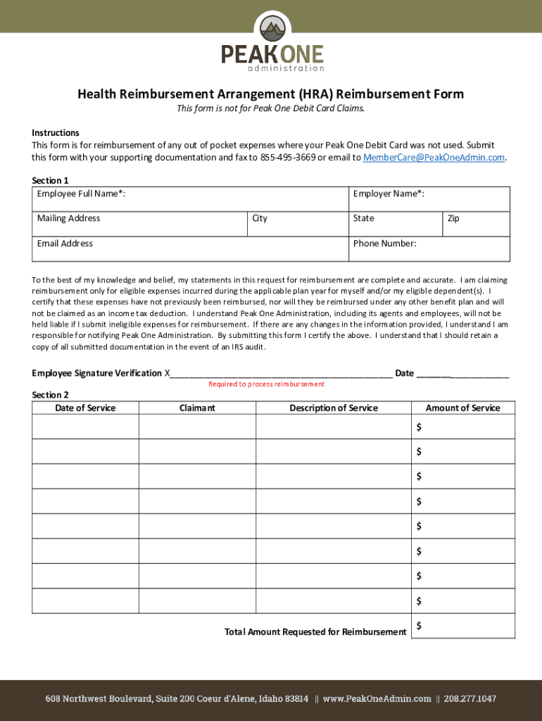 Fillable Online Health Reimbursement Arrangement (HRA) Claim FormChard ...