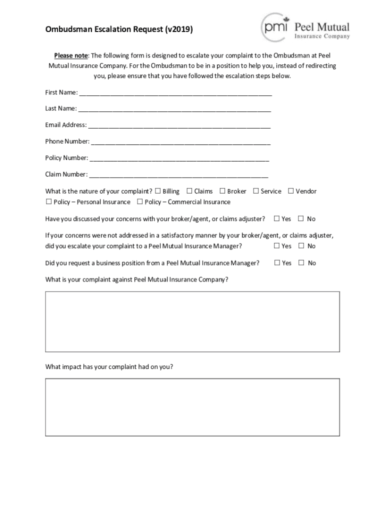 Fillable Online Ombudsman Escalation Request (v2019) - Peel Mutual ...