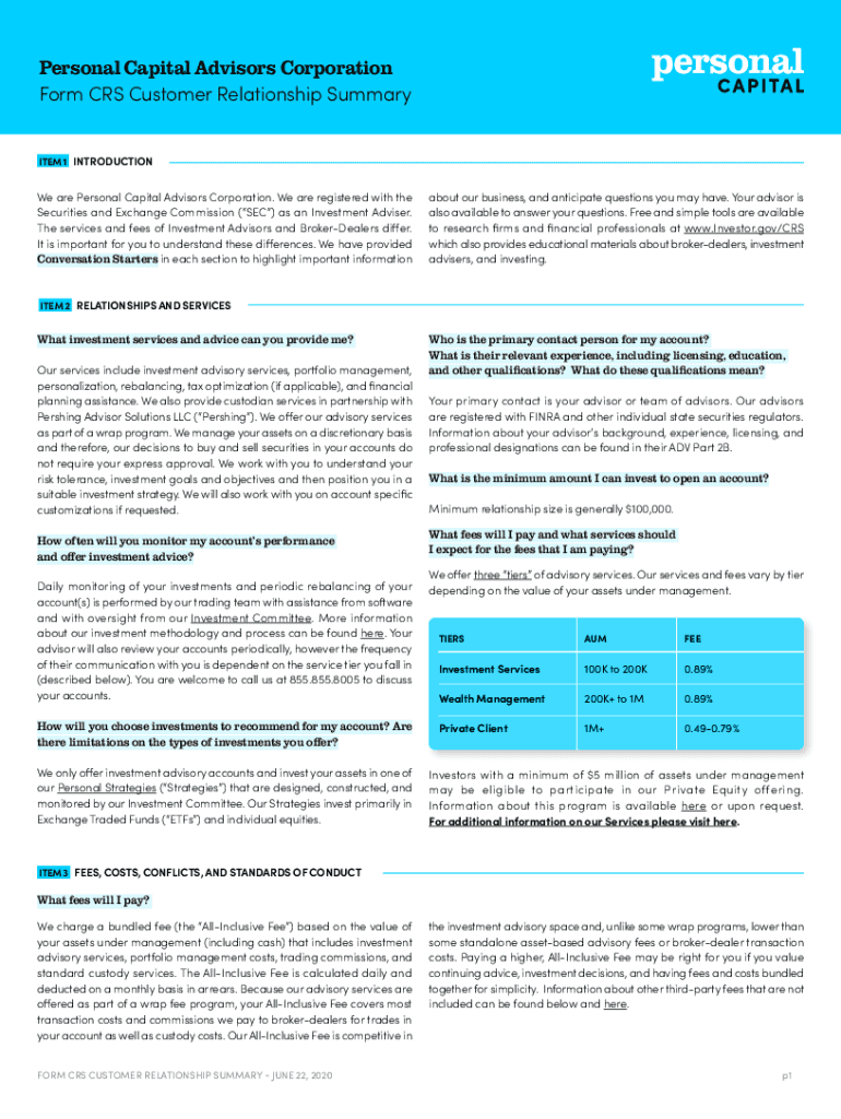 Fillable Online Form CRS Customer Relationship Summary - Personal Capital Fax Email Print ...