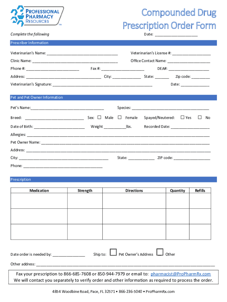 Fillable Online Compounded Drug Prescription Order Form Fax Email Print ...