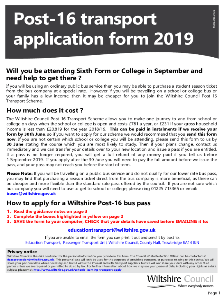Fillable Online Post 16 Transport Application Form - St Laurence School ...