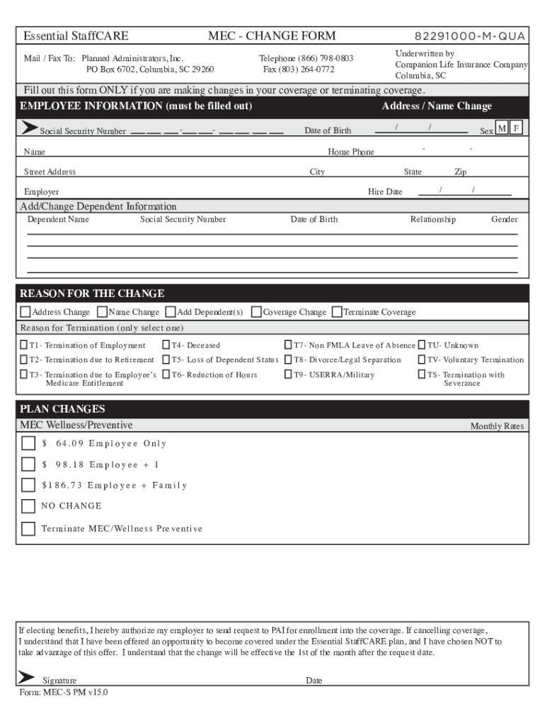 Fillable Online Essential StaffCARE MEC - CHANGE FORM Fax Email Print ...