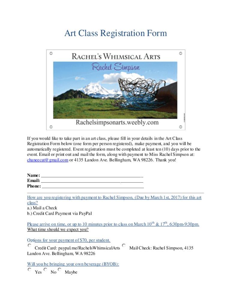 Fillable Online Art Class Registration Form - Rachel Simpson Fax Email ...