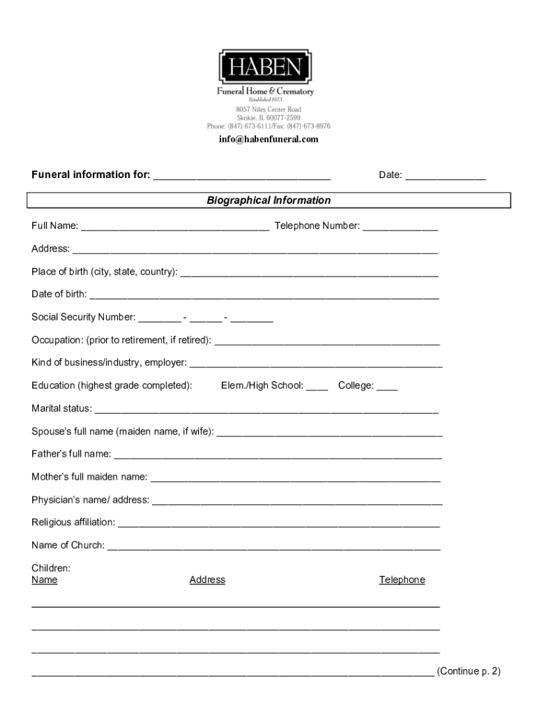 2019-2026 IL Haben Funeral Home & Crematory Funeral Information Sheet ...