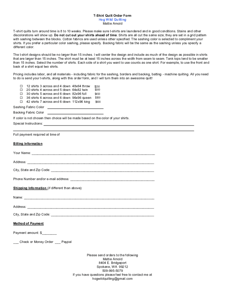 Fillable Online T-Shirt Quilt Order Form Hog Wild Quilting Mattie ...