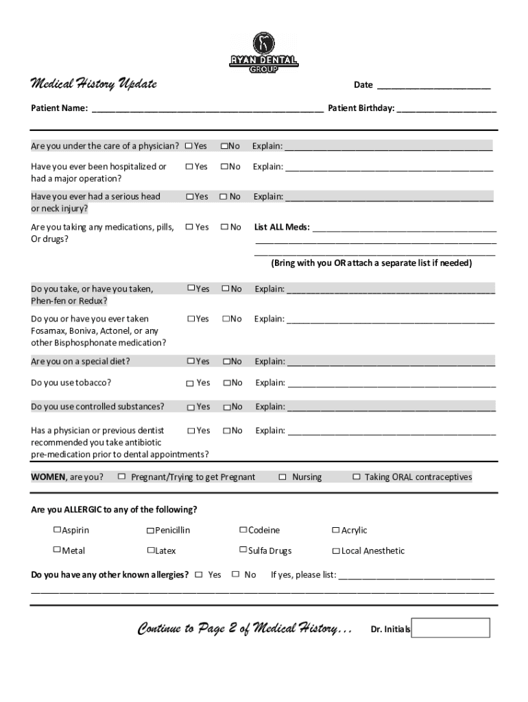 Fillable Online PDF Medical History Update Continue to Page 2 of ...