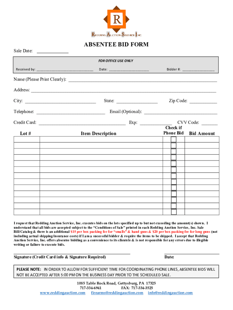 Fillable Online ABSENTEE BID FORM - Redding Auction Service Fax Email ...