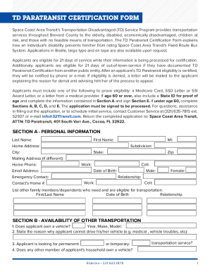 Fillable Online TD PARATRANSIT CERTIFICATION FORM - Space Coast Area ...