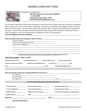 Fillable Online MEMBER COMPLAINT FORM - riooeste.com Fax Email Print ...