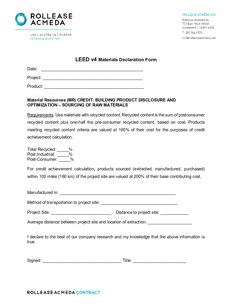 Fillable Online LEED v4 & v4.1 Materials Declaration Form Fax Email ...