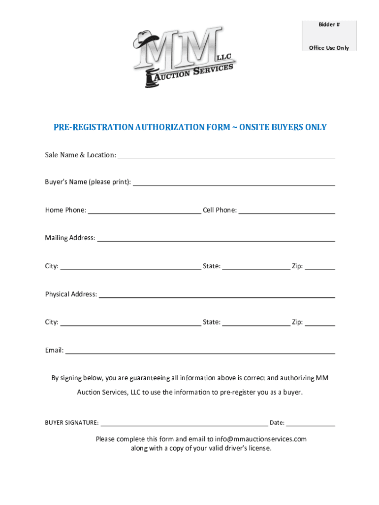 Fillable Online PRE-REGISTRATION AUTHORIZATION FORM ONSITE BUYERS ONLY Fax Email Print - pdfFiller