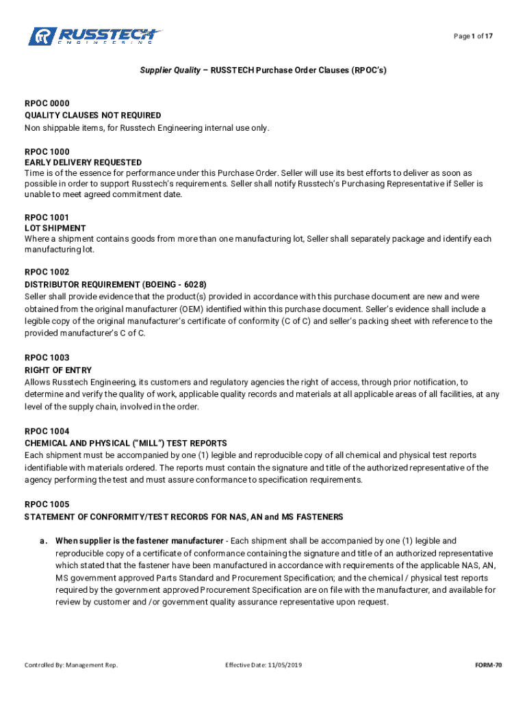 Fillable Online Supplier Quality RUSSTECH Purchase Order Clauses (RPOCs ...