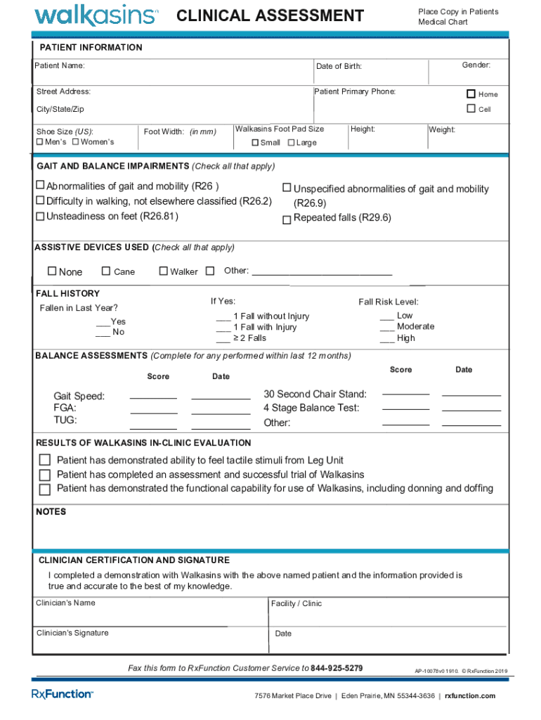 Fillable Online CLINICAL ASSESSMENT Place Copy in Patients - Walkasins ...