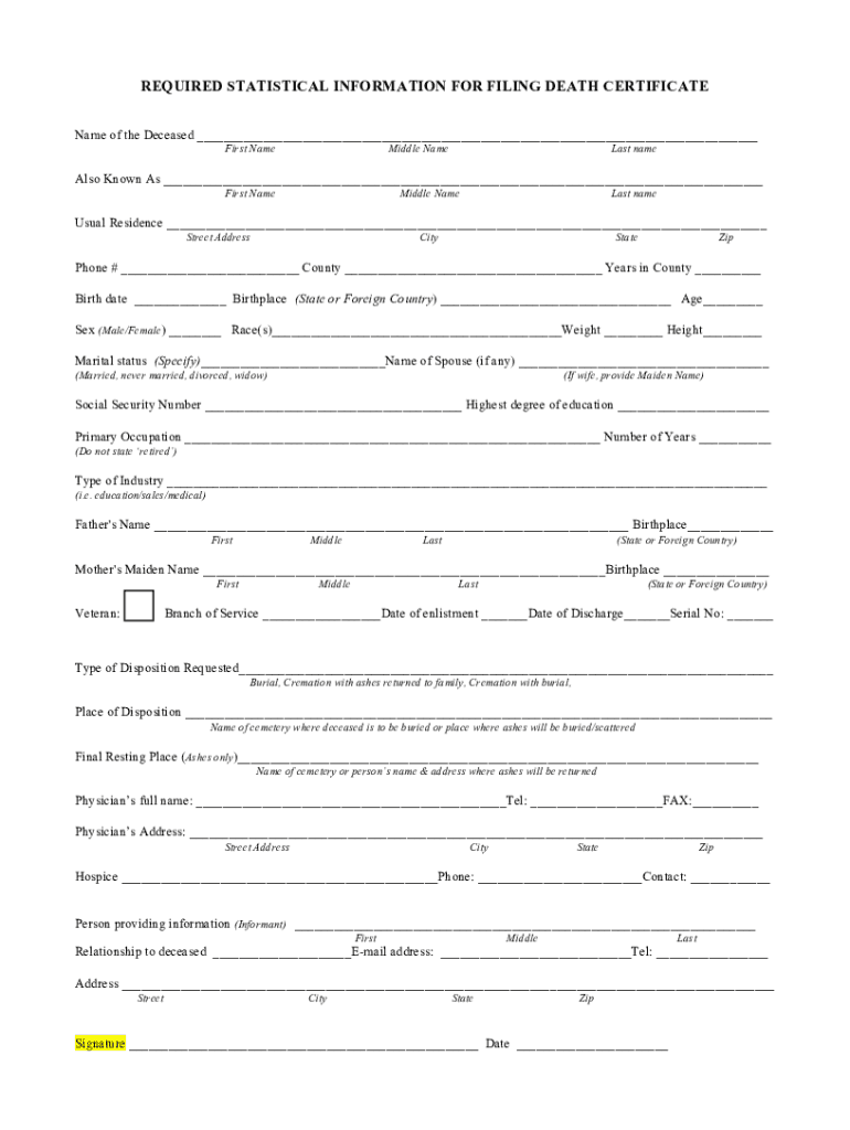 Fillable Online What Information Do You Need to Fill Out a Death ...