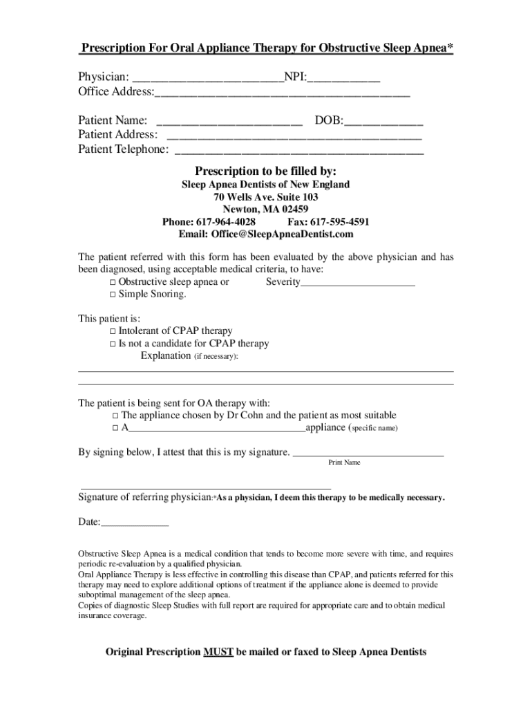 Fillable Online Prescription For Oral Appliance Therapy for Obstructive ...