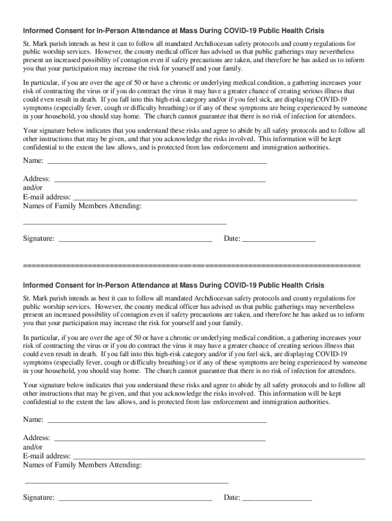 Fillable Online Informed Consent For In-Person Attendance at Mass ...