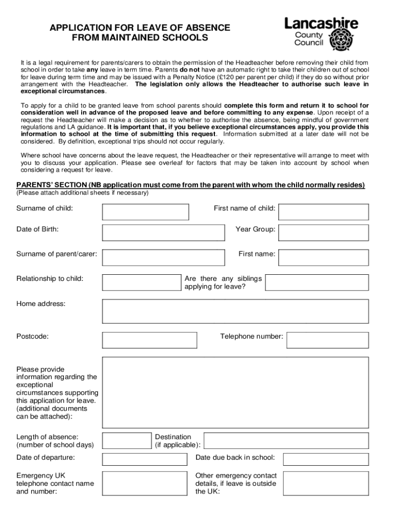 Fillable Online APPLICATION FOR LEAVE OF ABSENCE FROM MAINTAINED ...