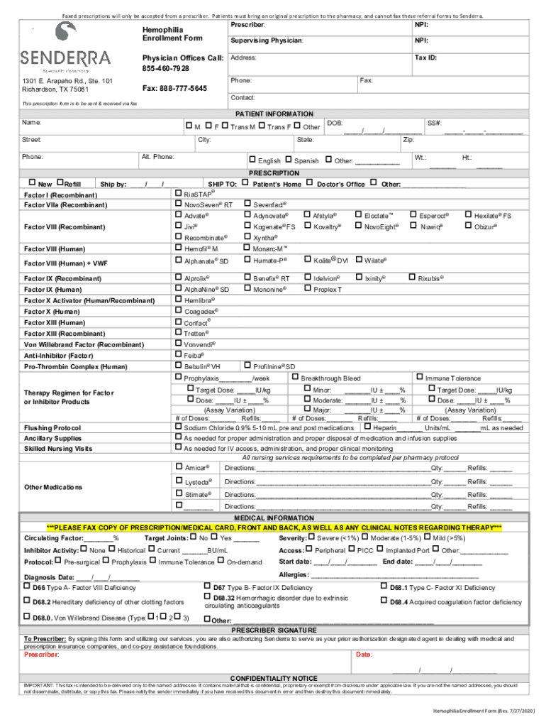 Fillable Online NPI: Hemophilia Enrollment Form NPI ... - Senderra Rx ...
