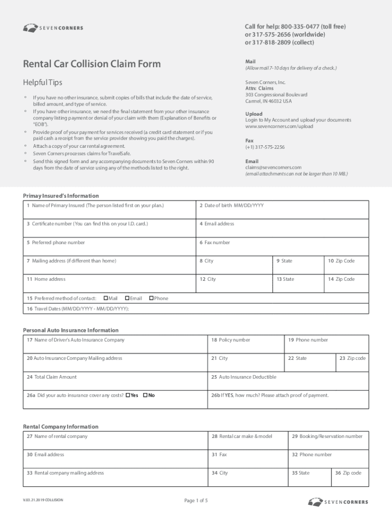Fillable Online Rental Car Collision Claim Form Mail - Seven Corners, Inc Fax Email Print ...