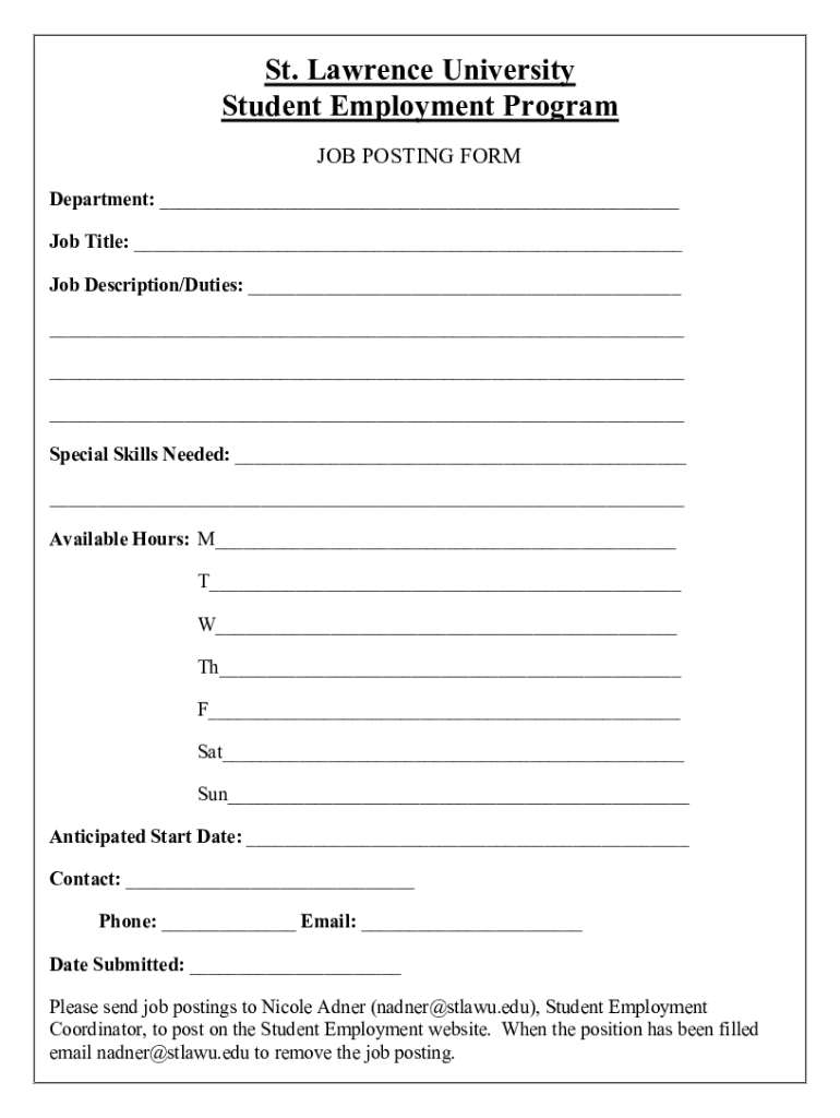 Fillable Online Student Job Posting Form Fax Email Print - pdfFiller
