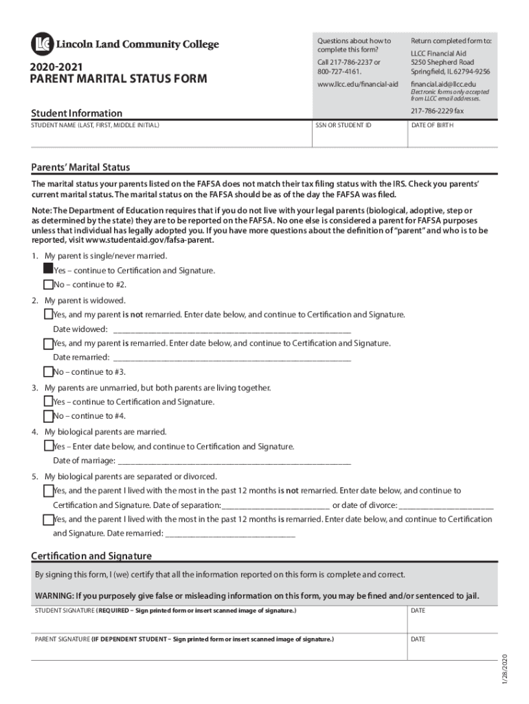 Fillable Online Financial Aid: Marital Status Worksheet 2020-2021 Fax ...