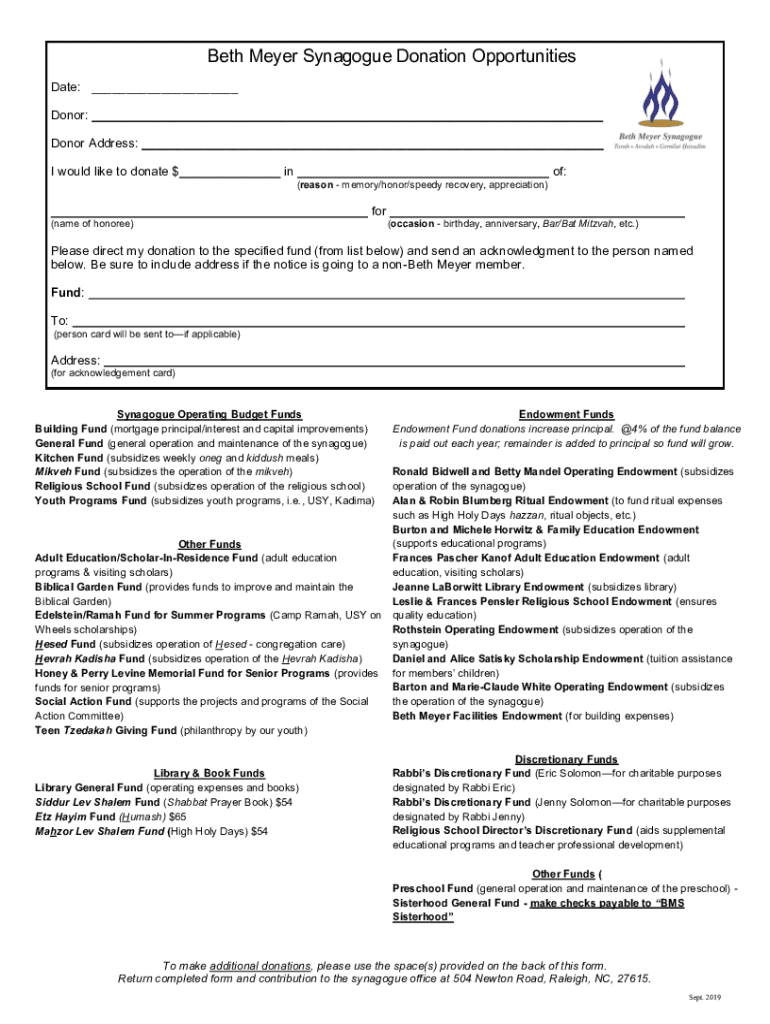 Fillable Online Beth Meyer Synagogue Donation Opportunities - ShulCloud ...