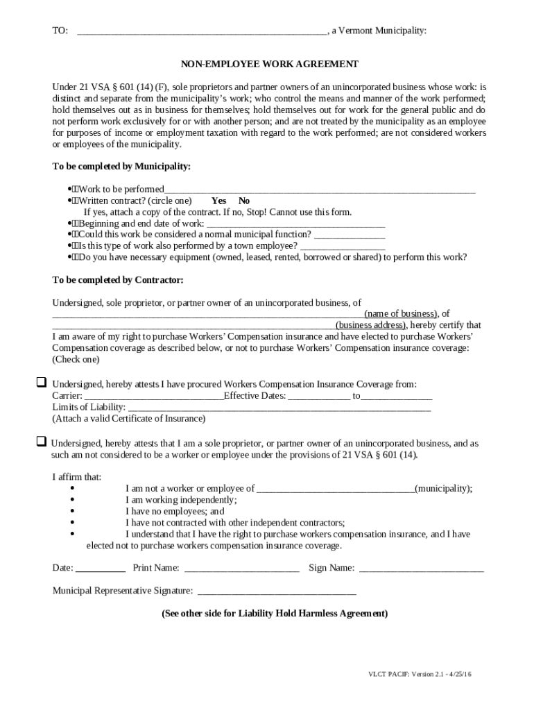 Non-Employee Work Agreement and Liability Hold Harmless Doc Template ...