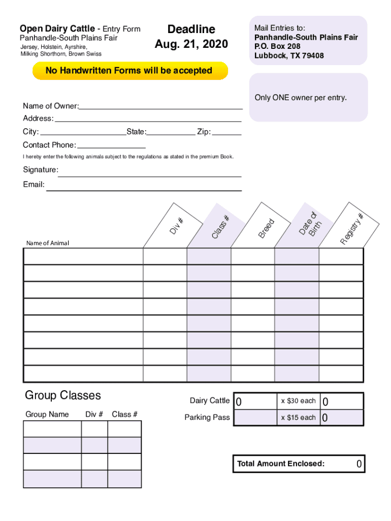 Fillable Online Open Dairy Cattle - Entry Form Fax Email Print - pdfFiller