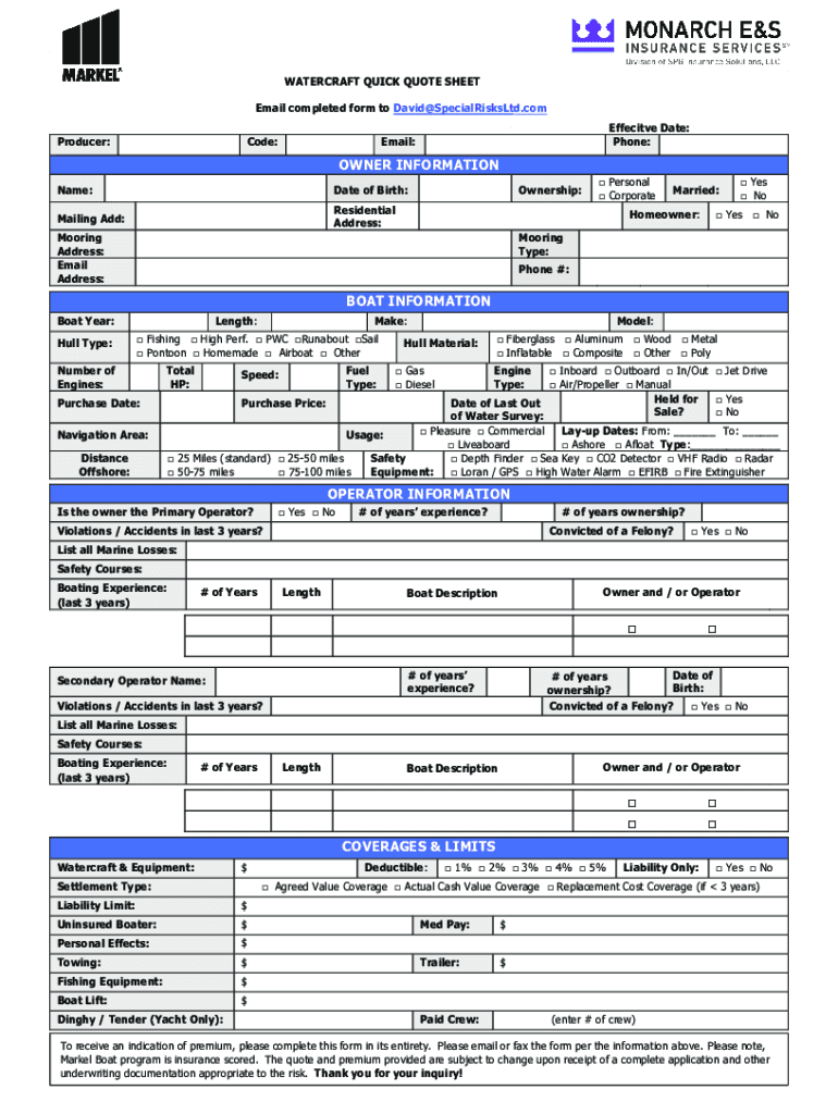 Fillable Online new quote form markel Fax Email Print - pdfFiller