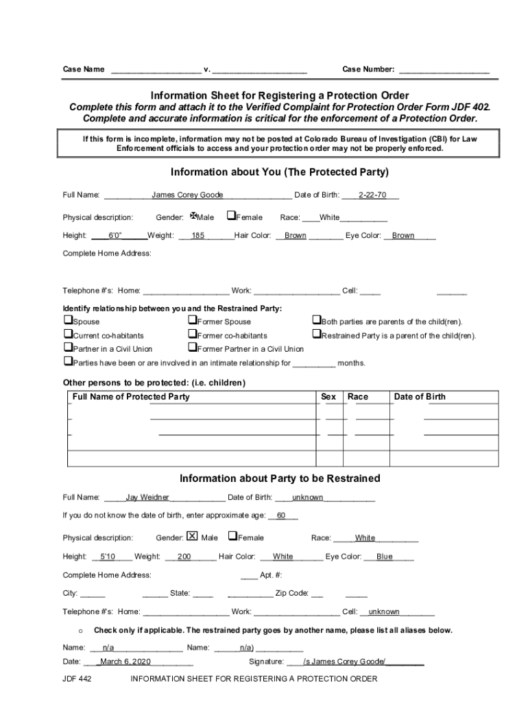 Fillable Online Information Sheet For Registering A Protection Order ...