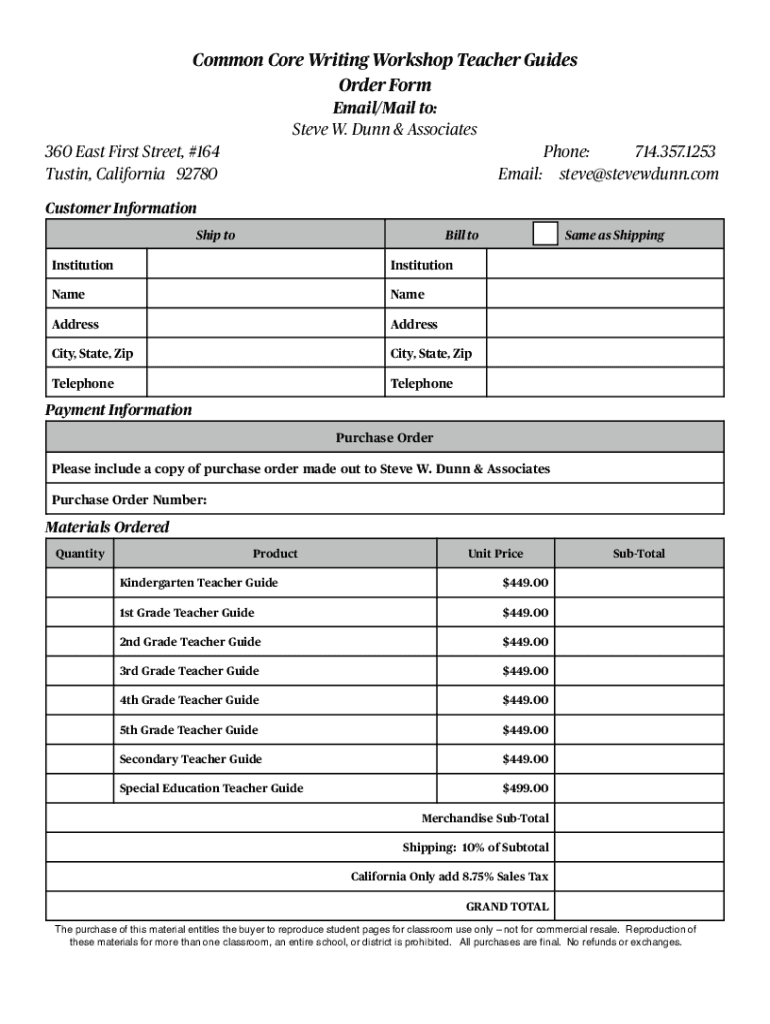 Fillable Online Common Core Writing Workshop Teacher Guides Order Form ...